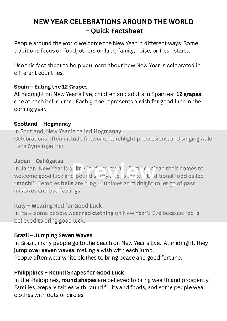New Year Celebrations Around the World – Teacher Pack (Ages 5–10 ...